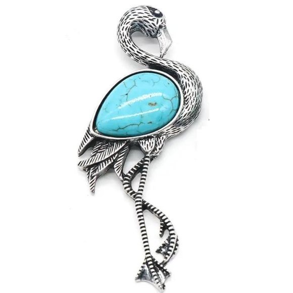Jewelry | Turquoise Natural Stone Flamingo Brooch Pendant Necklace ...